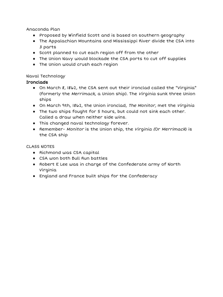 Anaconda Plan and Ironclad Battles Overview | PDF