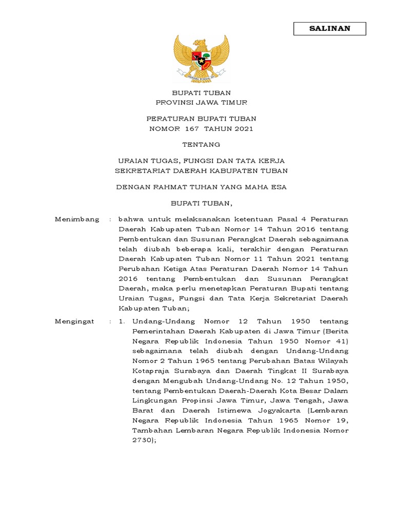 Tusi Setda Perbup 167 Tahun 2021 | PDF