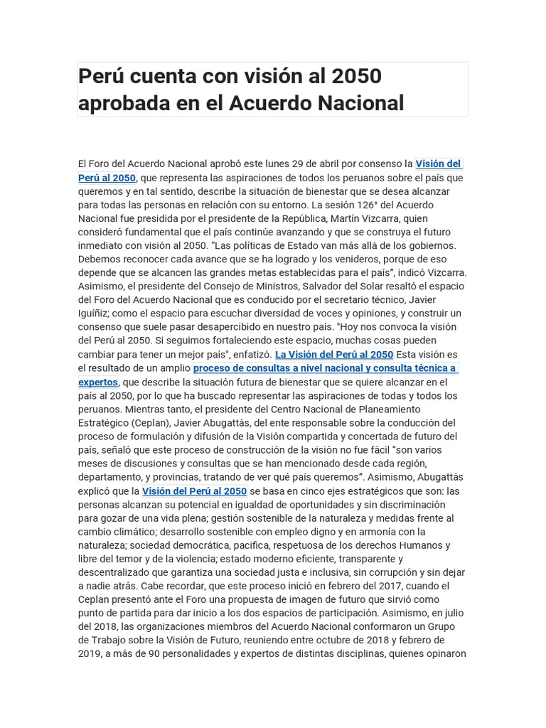 Perú Cuenta Con Visión Al 2050 Aprobada en El Acuerdo Nacional | PDF