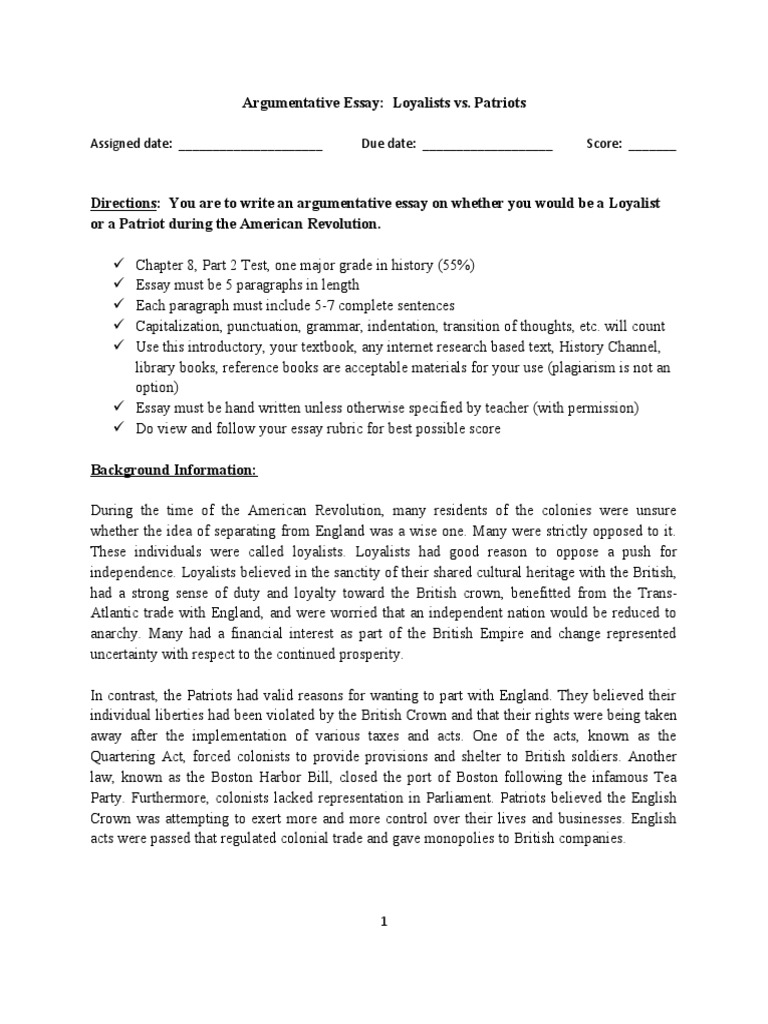 Loyalist Vs Patriot Essay | PDF | Kingdom Of Great Britain | Patriot ...