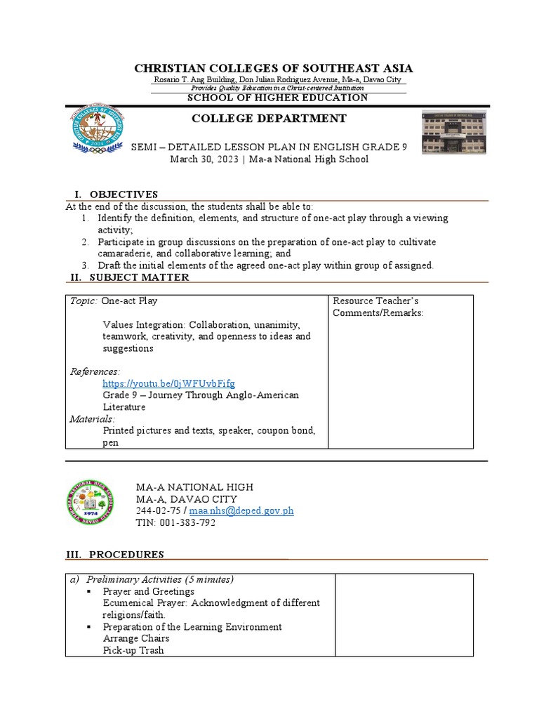 One-Act Play Lesson Plan for Grade 9 | PDF