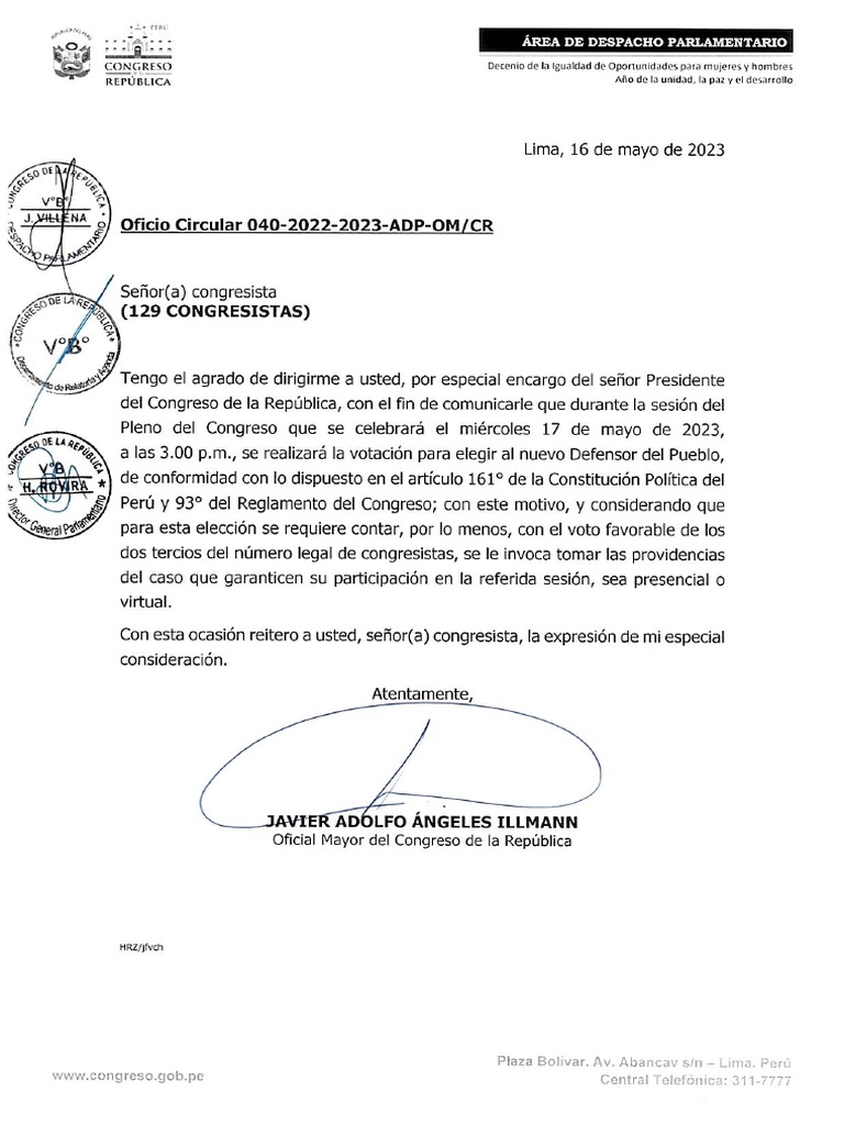 Oficio de La Votación Del Defensor Del Pueblo. | PDF