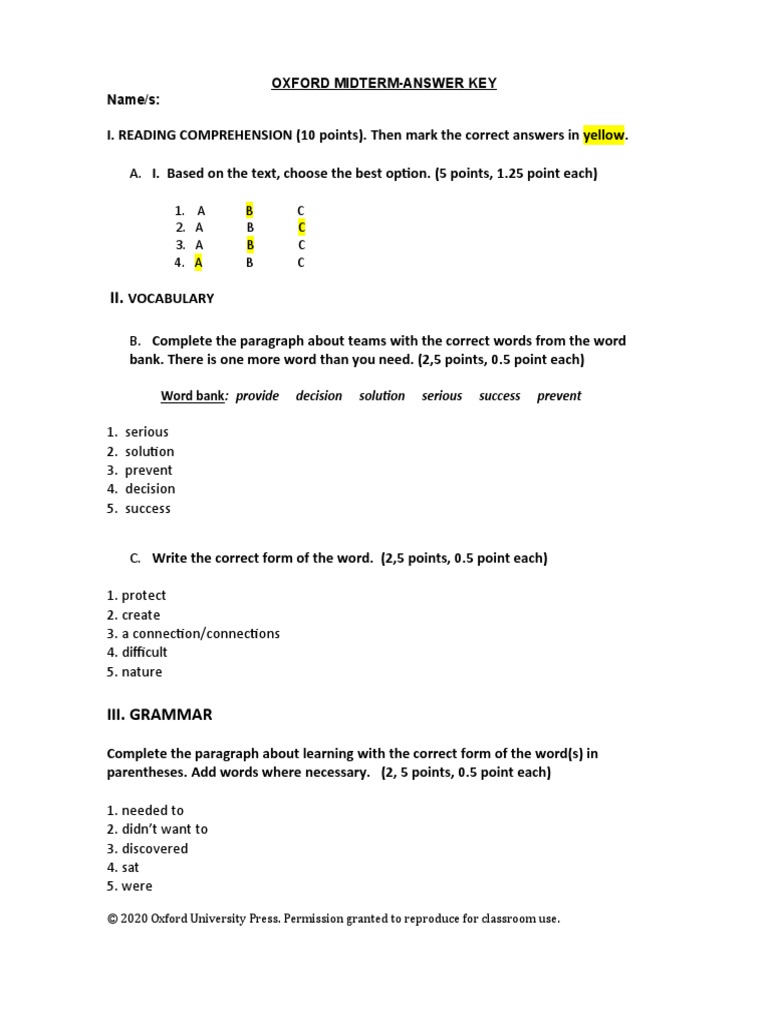 Oxford Midterm Answer Key | PDF Oxford Midterm Answer Key | PDF