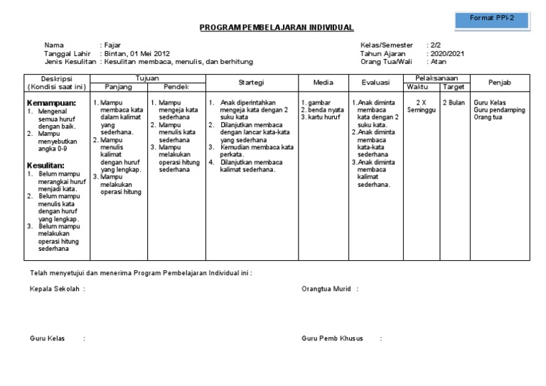 Program Pembelajaran Individual Fajar | PDF