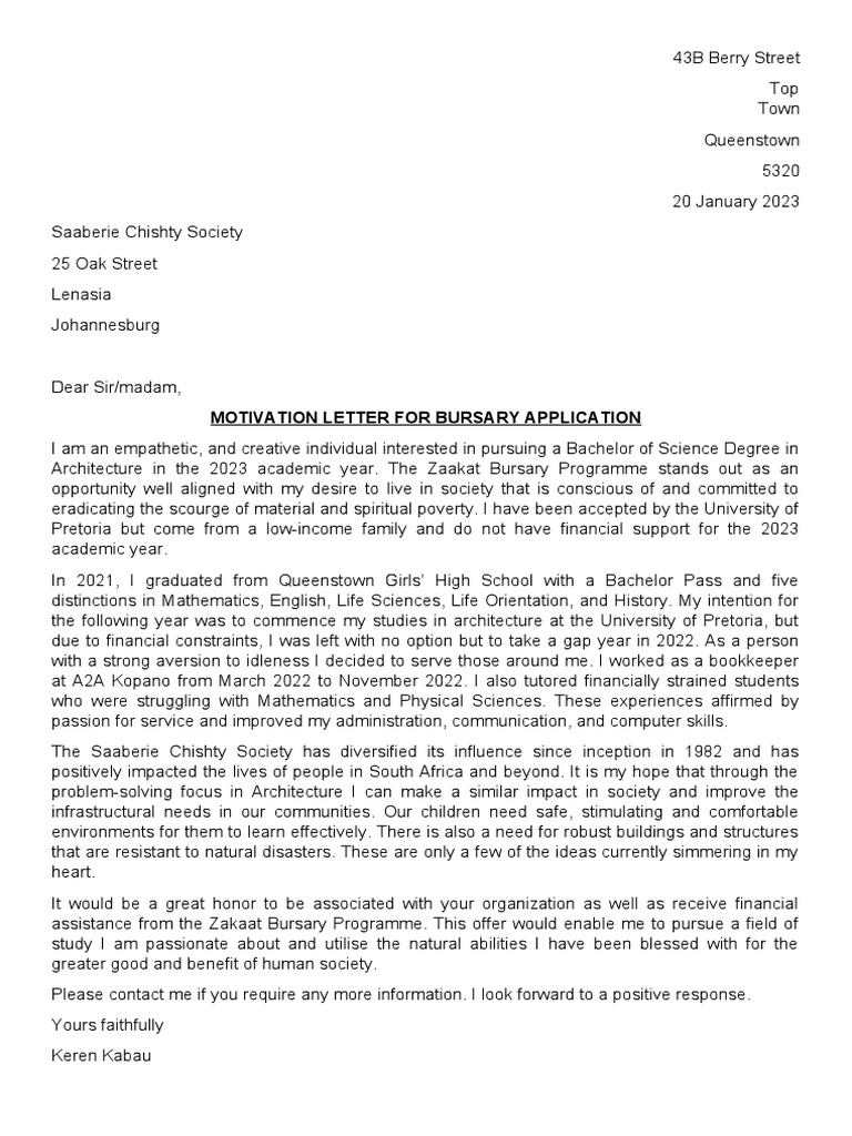 Bursary Application Motivation Letter | PDF