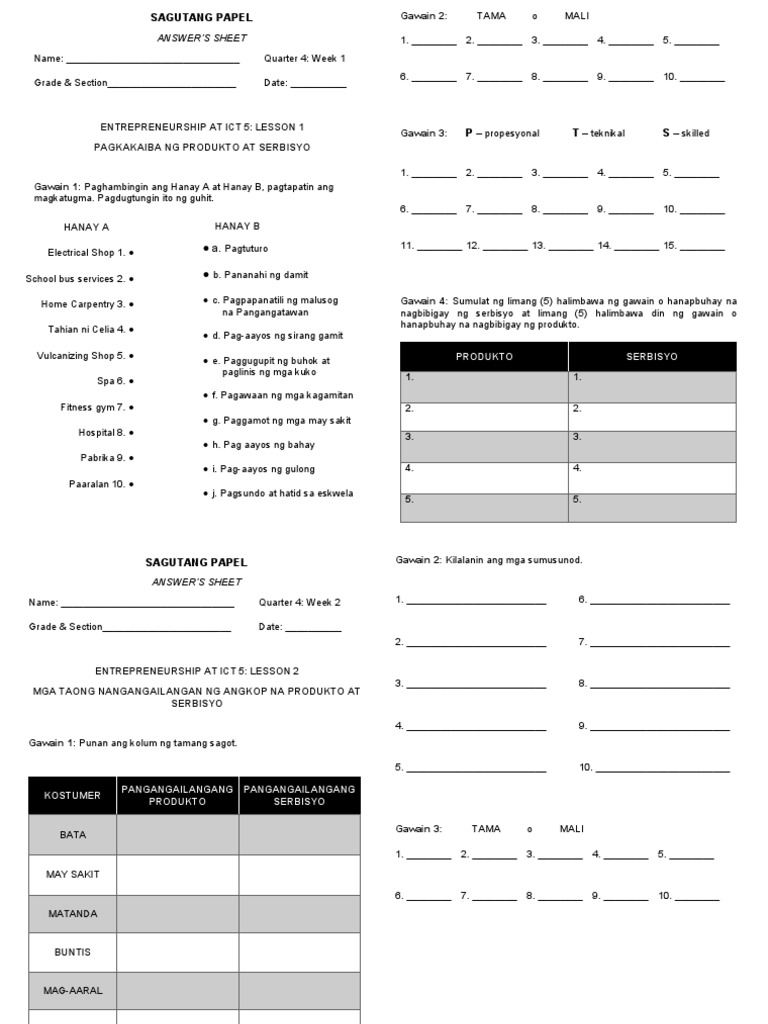 Entrep Ict 5 Lesson 1 8 Answers Sheet | PDF | Business