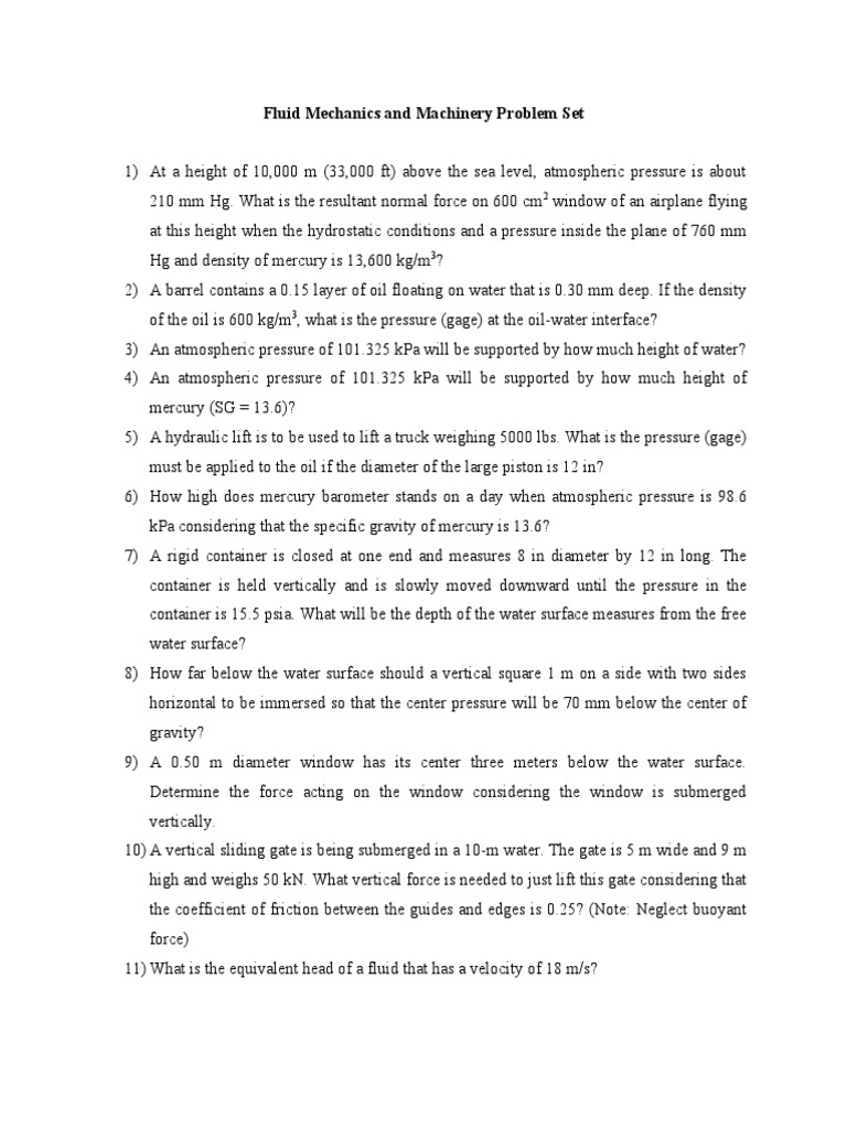 Fluid Mechanics Problem Set | Download Free PDF | Pressure | Buoyancy
