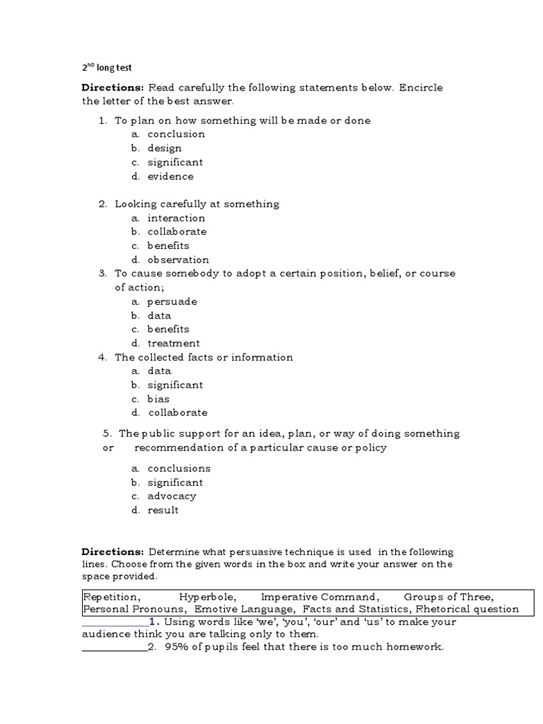 2nd LONG Test in English 10 | PDF