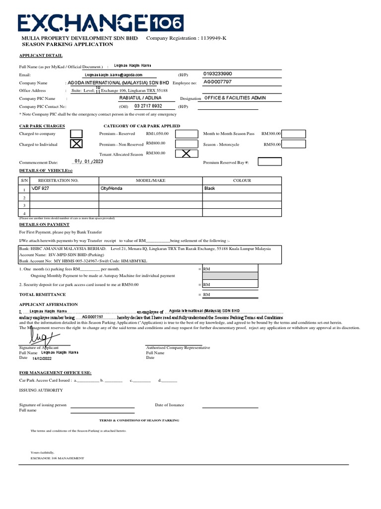 Exchange 106 Season Parking Application | PDF | Fee | License