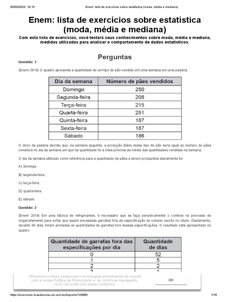 Enem - Lista de Exercícios Sobre Estatística (Moda, Média e Mediana) | PDF