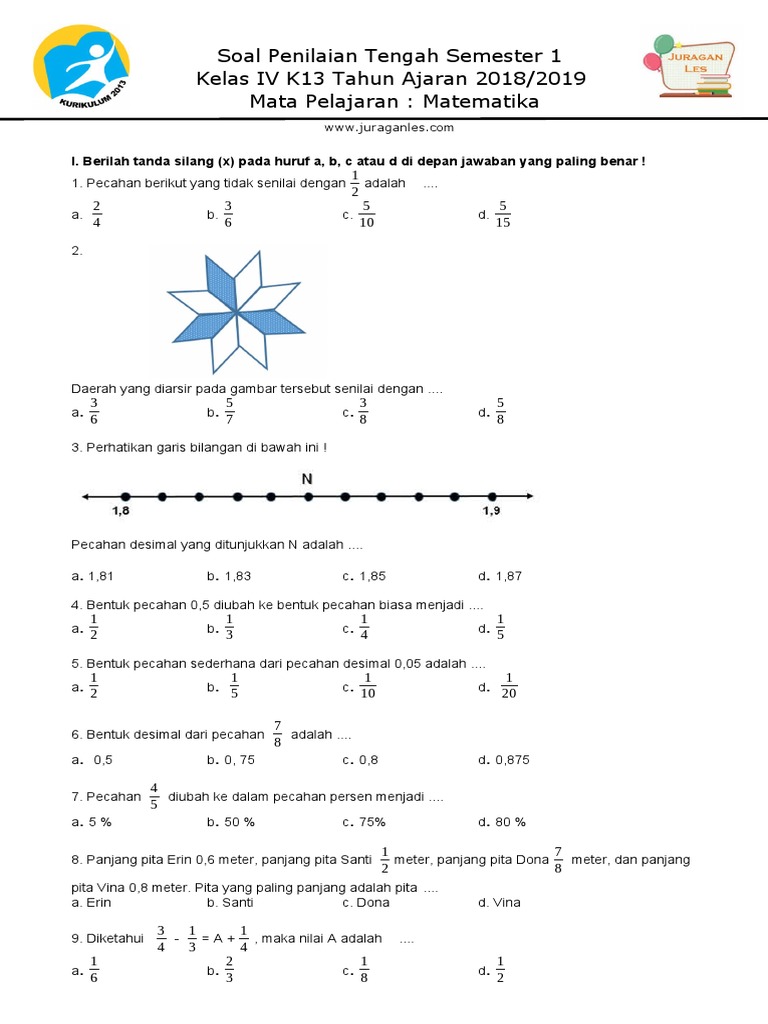 Soal PTS Matematika Kelas 4 Semester 1 K13 Tahun 2019-2020 | PDF
