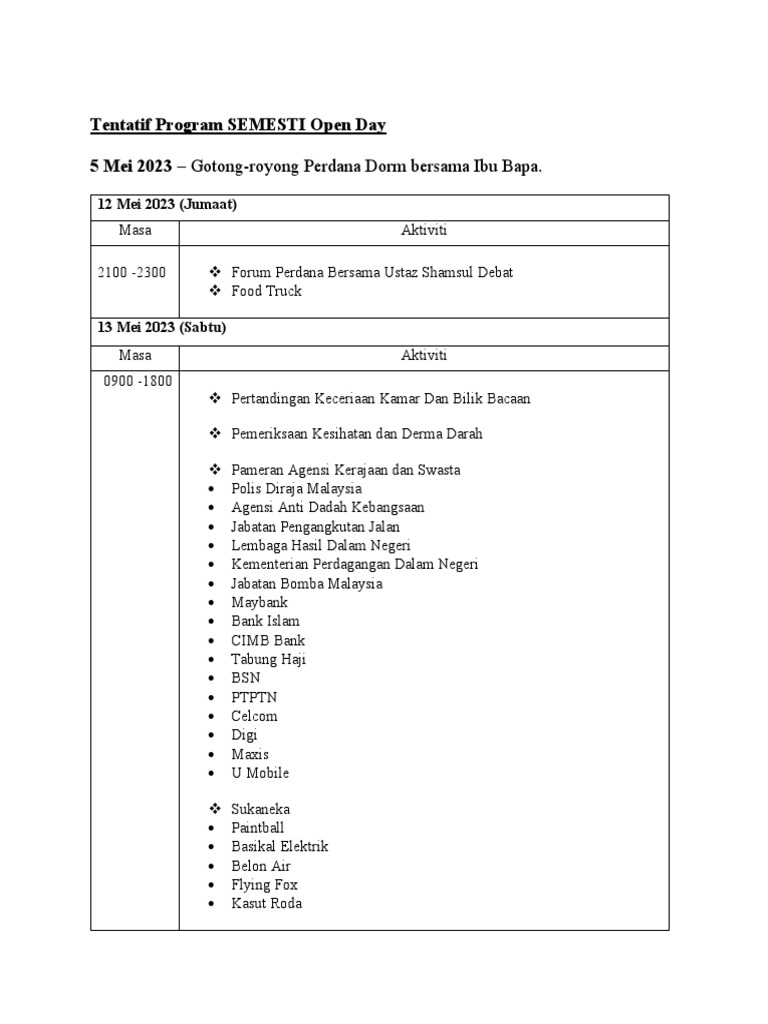 Tentatif Program SEMESTI Open Day | PDF