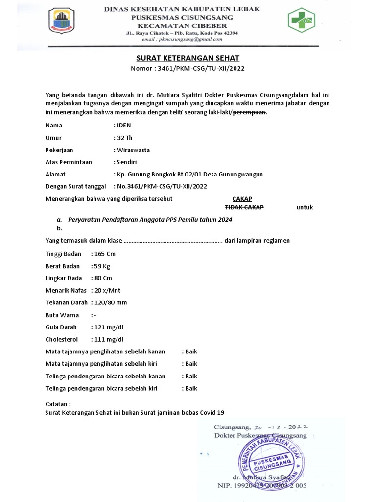Surat Keterangan Sehat Word | PDF