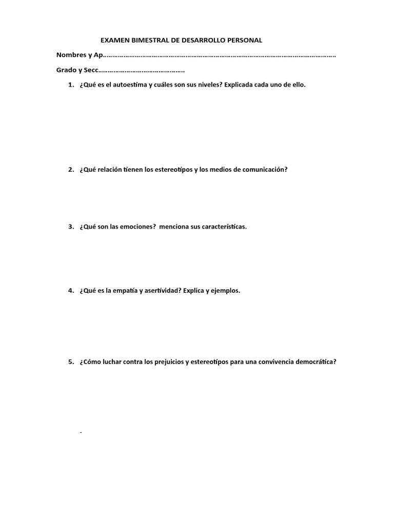 Examen Bimestral DPCC | PDF | Relaciones personales, crianza y desarrollo personal
