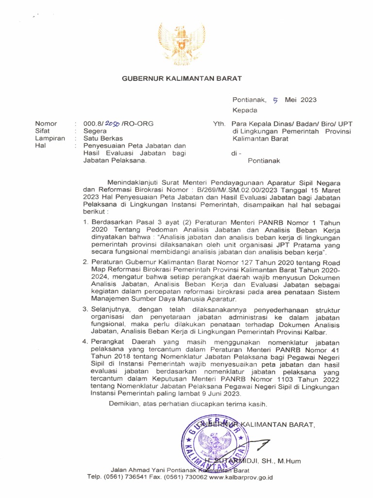 Surat Gub Terkait Penyesuaian Peta Jabatan Dan Hasil Evaluasi Jabatan ...