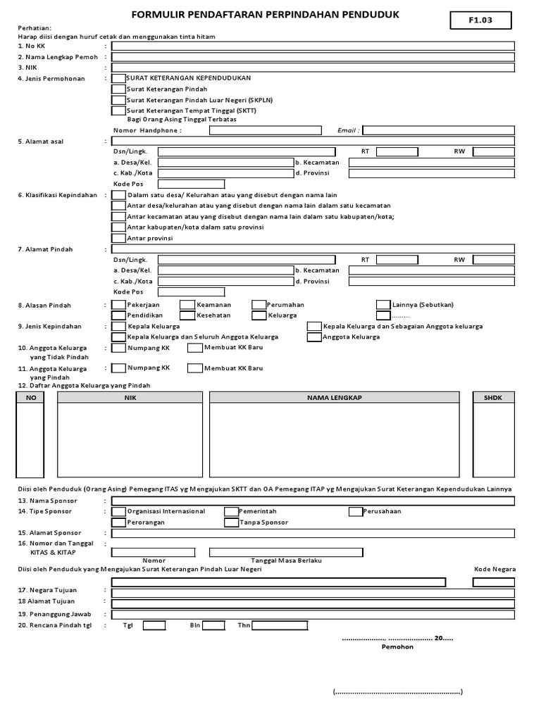 F1 03+formulir+pendaftaran+perpindahan+penduduk | PDF