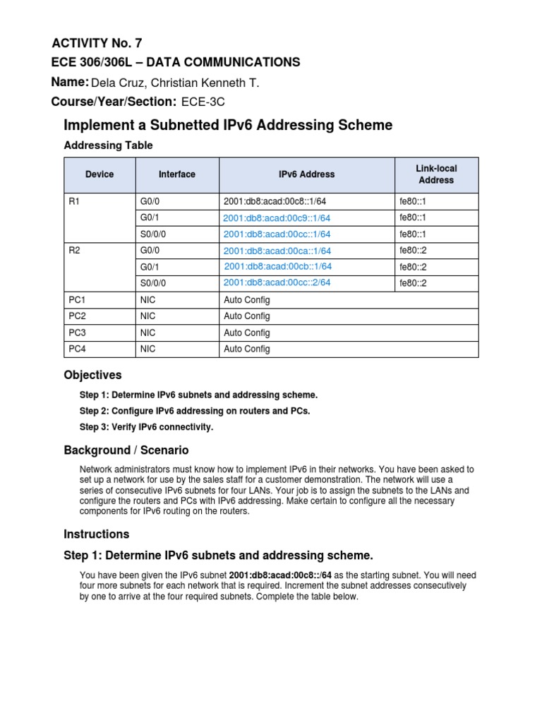 Activity No. 7 - Implement A Subnetted IPv6 Addressing Scheme | PDF | I ...
