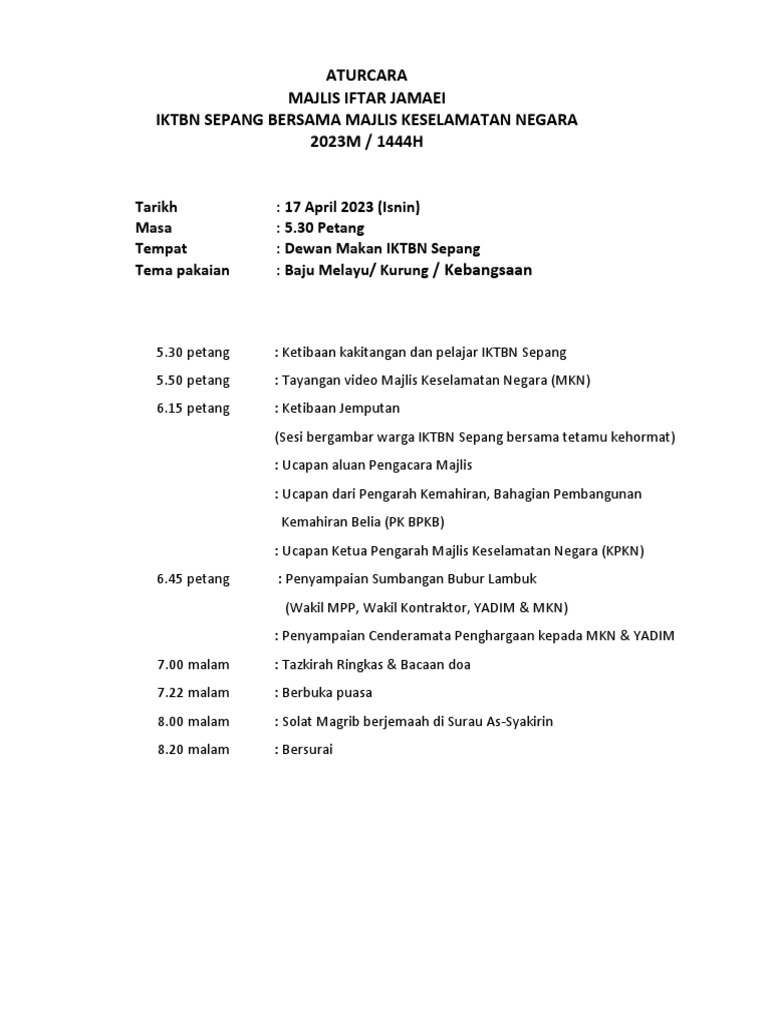 Aturcara Majlis Iftar Iktbns & MKN 2023 | PDF