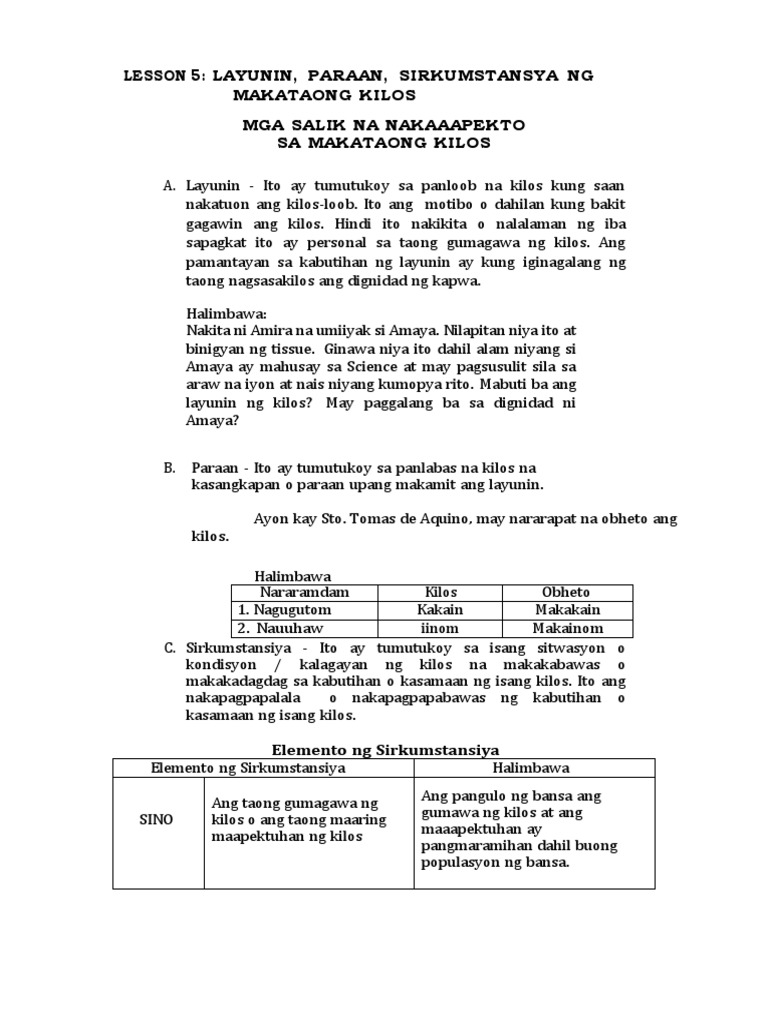 LESSON 5 Layunin Paraan Sirkumstansya NG Makataong Kilos | PDF