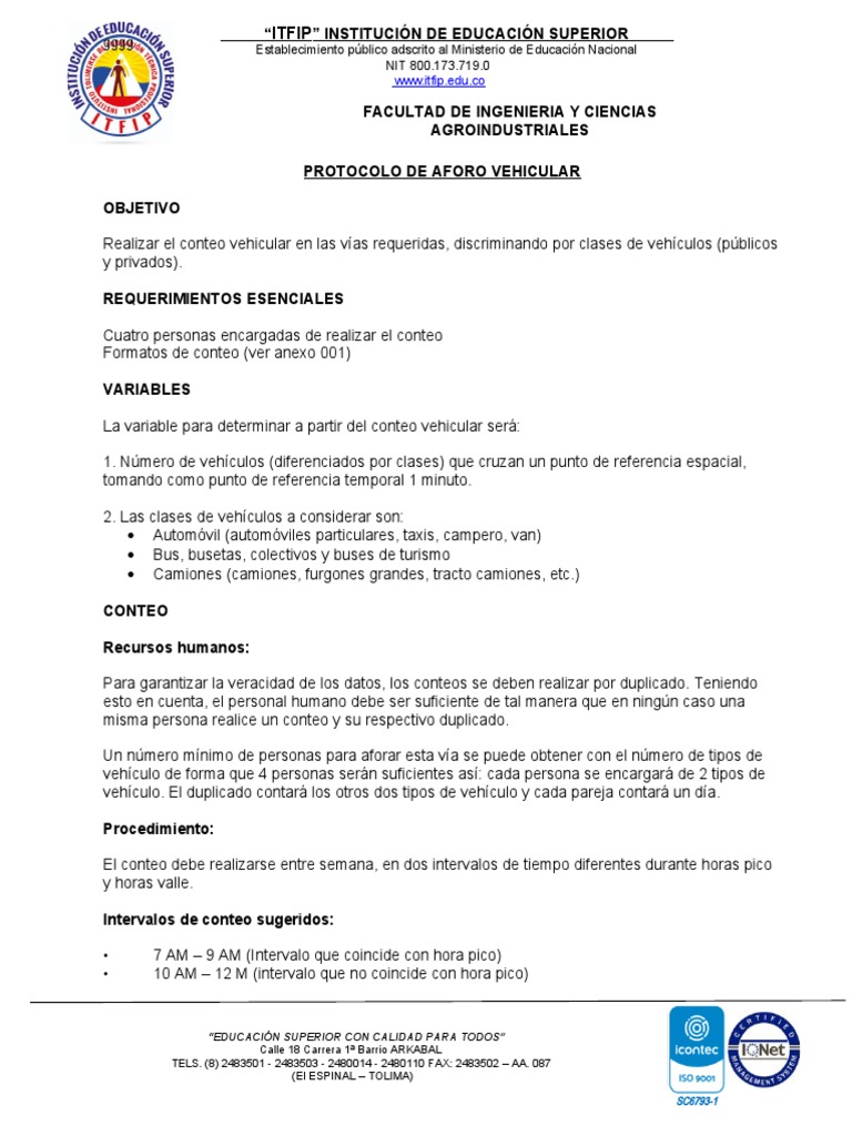 Protocolo de Aforo Vehicular ITFIP | PDF | Negocios