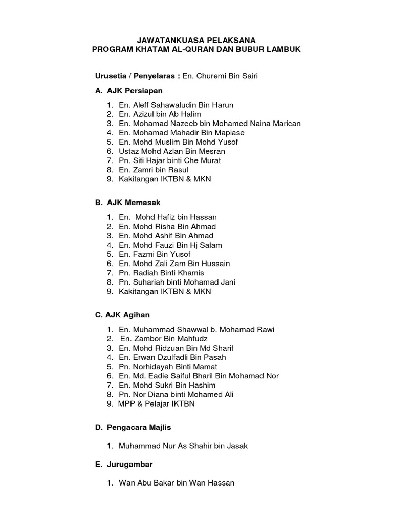 Senarai AJK Pelaksana Program Bubur Lambuk & Khatam IKTBN 2023 | PDF Senarai AJK Pelaksana Program Bubur Lambuk & Khatam IKTBN 2023 | PDF
