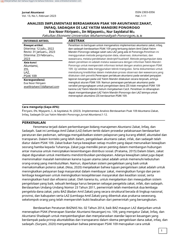 Fitriyani, DKK (2023) - Indo Analysis Implementation Based On Psak 109 Accounting Zakat, Infaq ...