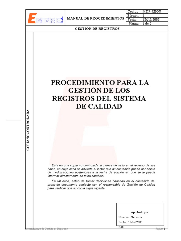 016 Procedimiento Gestion Registros Sistema Gestion Calidad | PDF