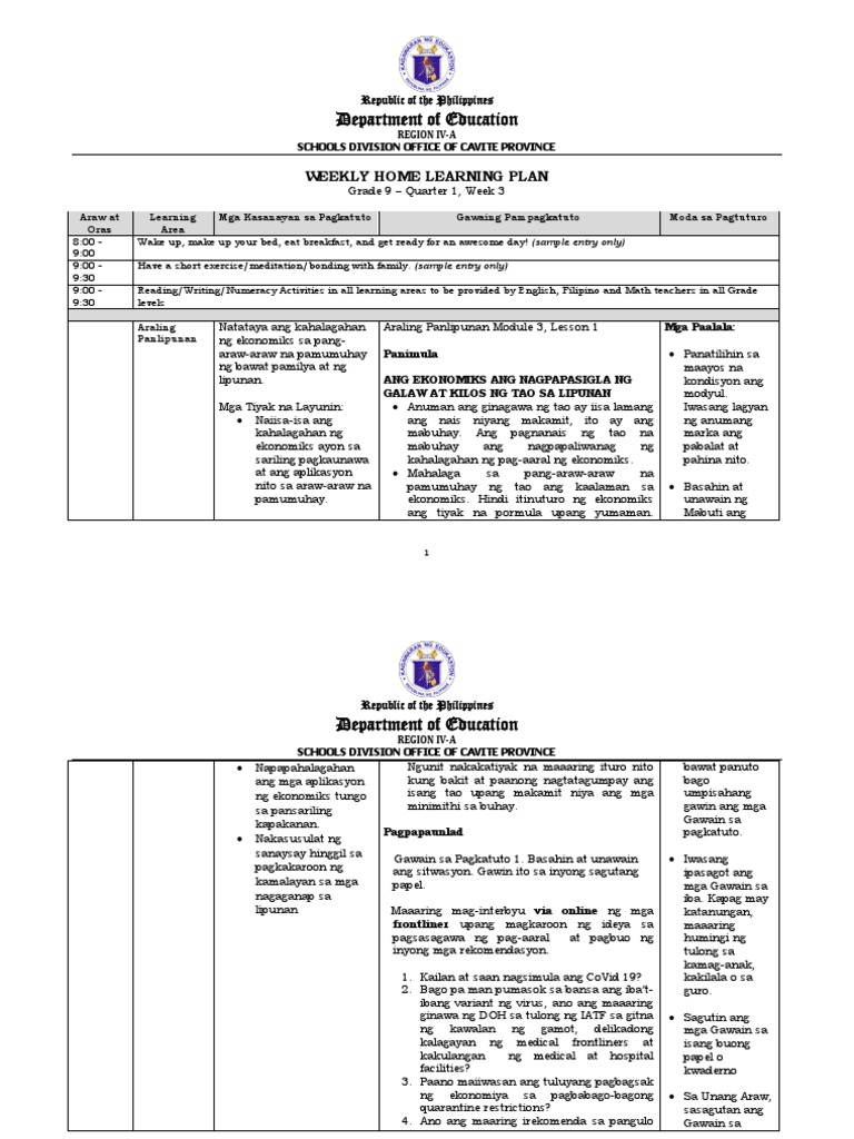 AP9 Q1 WEEK 3 Weekly Home Learning Plan | PDF