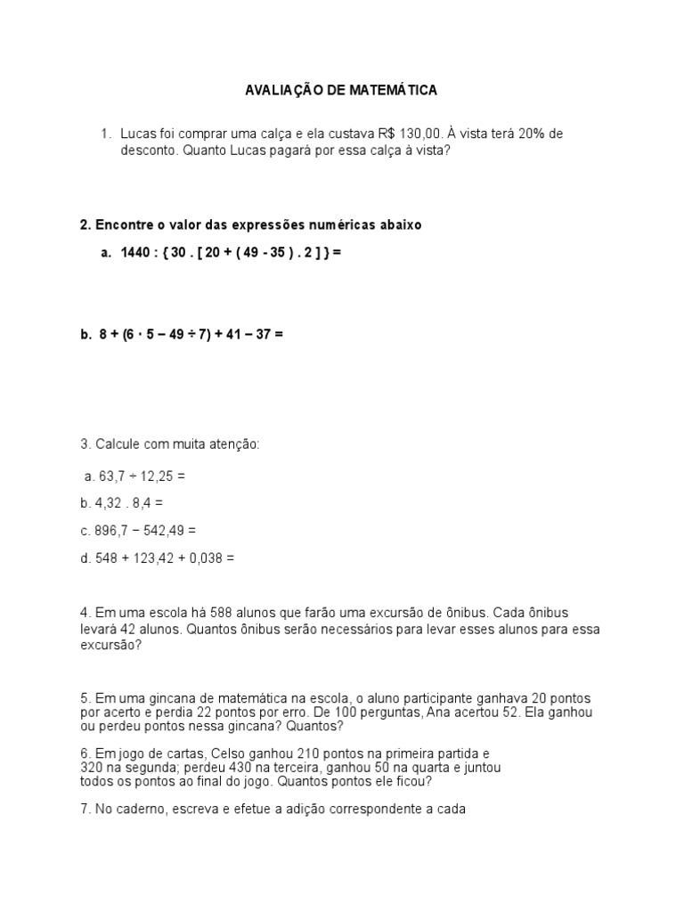 prova 7° Ano - Matematica | PDF
