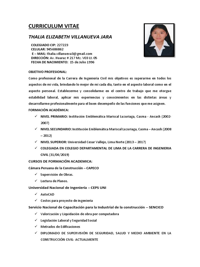 Villanueva Jara Thalia Elizabeth - CV | PDF
