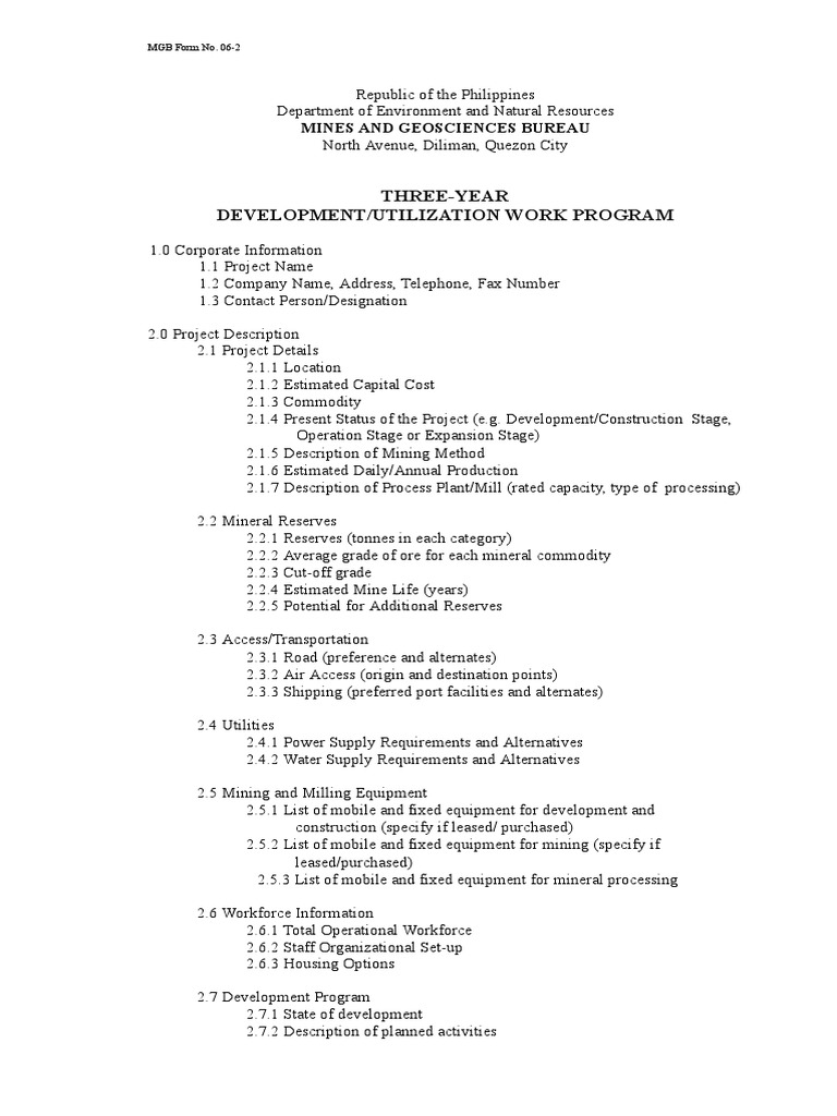 Three-Year Development/Utilization Work Program for Mining Operations: Outlining Project Details ...