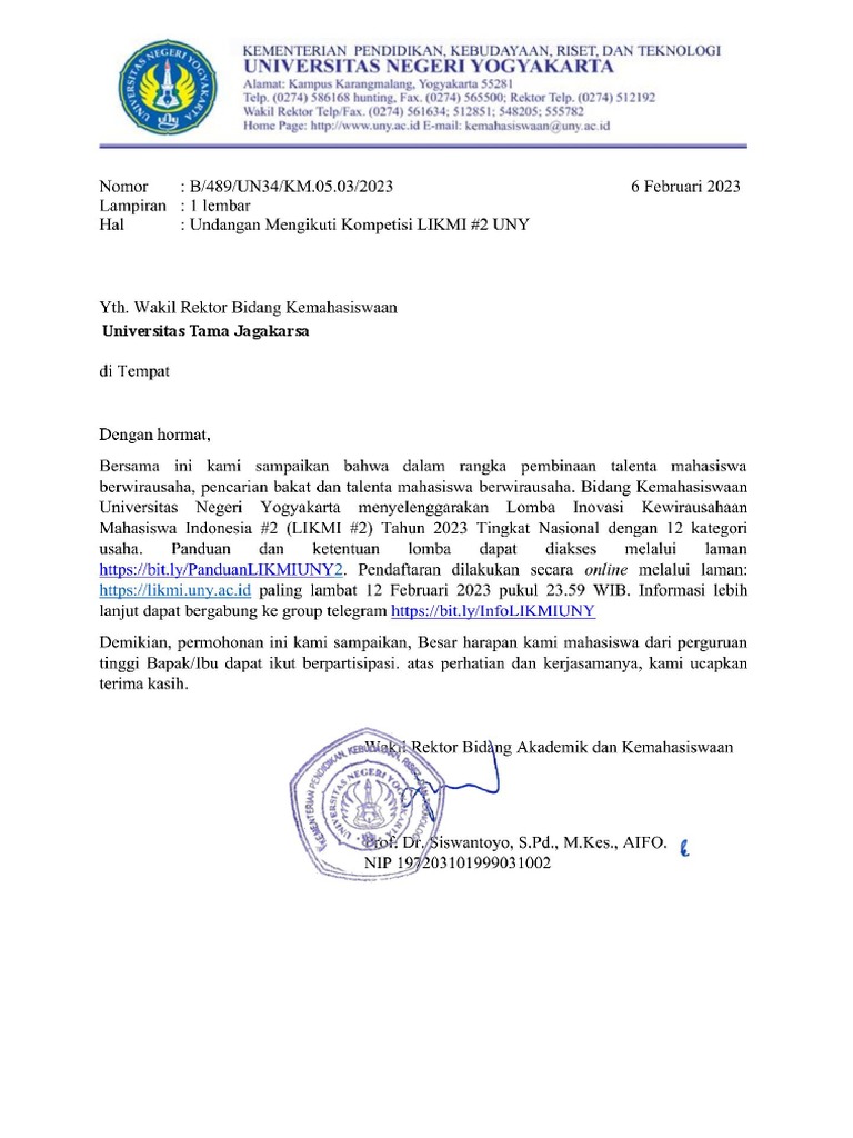 Undangan Invitasi LIKMI UNY 2023 Universitas Tama Jagakarsa | PDF