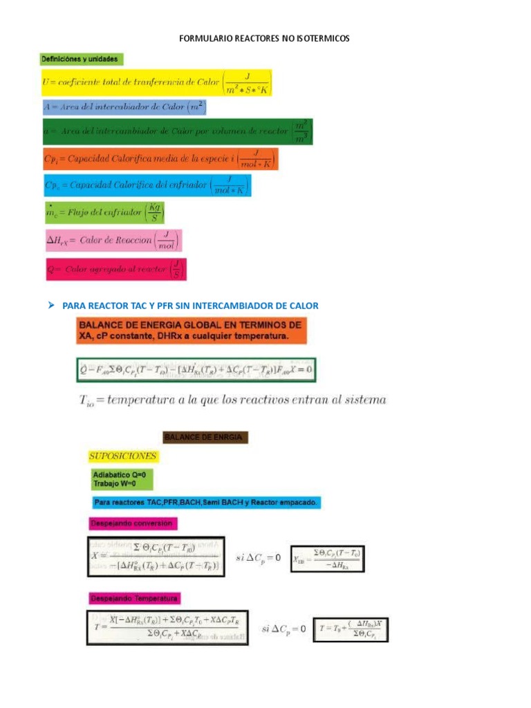 Formulario Reactores No Isotermicos | PDF