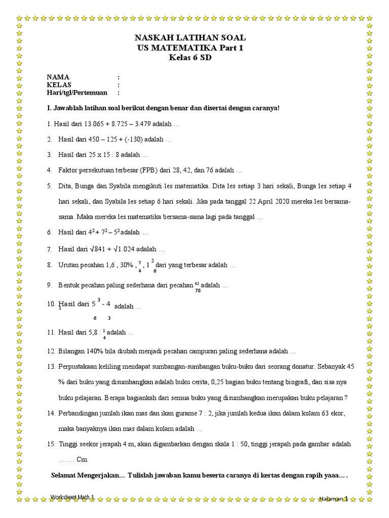 Latihan Soal US Matematika 6 SD Part 1 | PDF