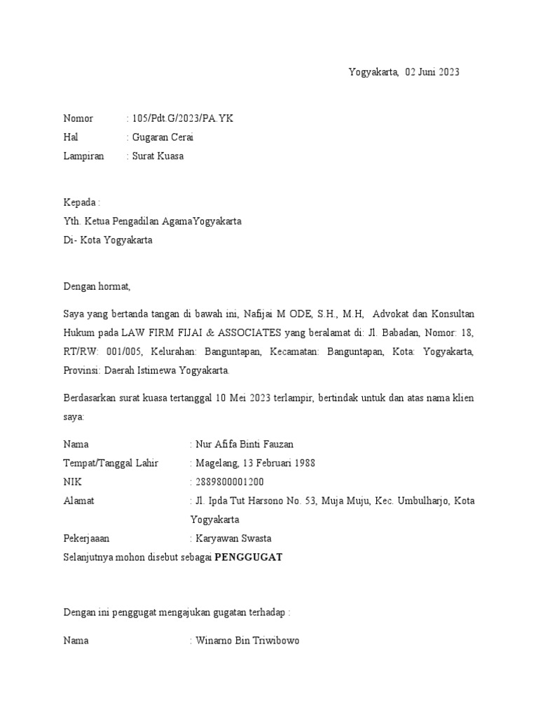 SURAT GUGATAN Perceraian | PDF