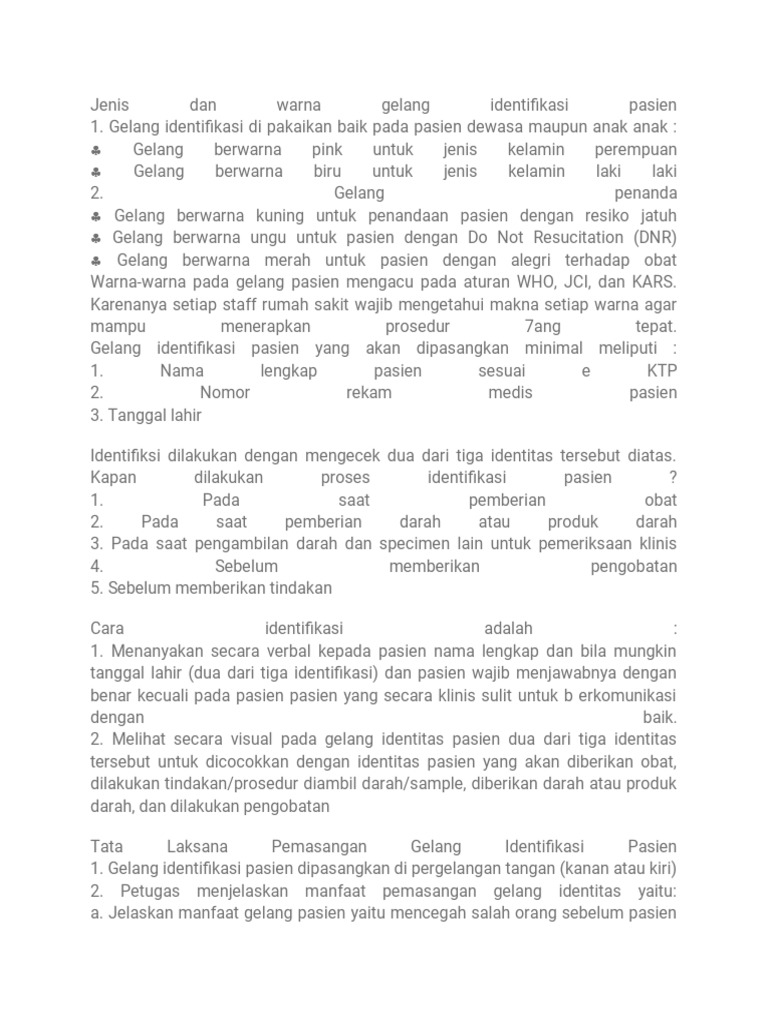 Jenis dan Warna Gelang Identifikasi Pasien | PDF