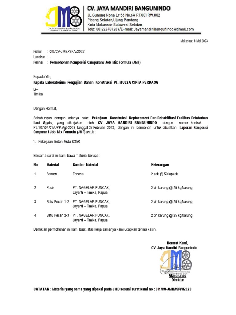 Surat Permohonan Job Mix Design (JMF) CV. JMB 8 Mei 2023 | PDF