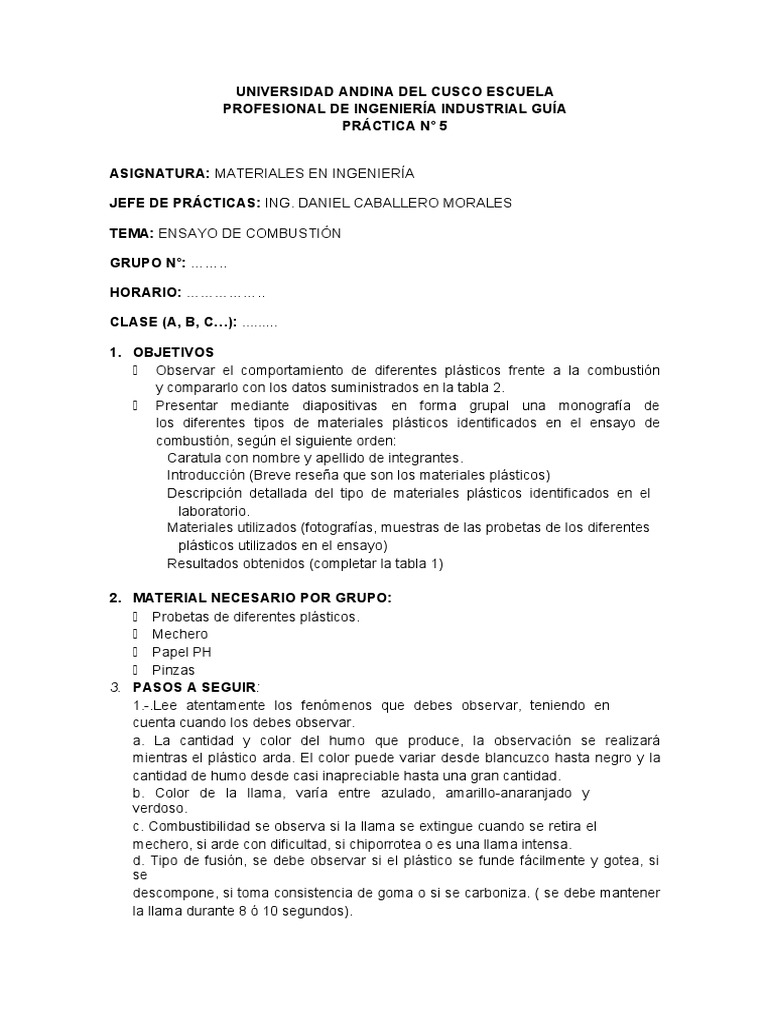 Guia Práctica #5 Ensayo de Combustión de Plásticos | PDF Guia Práctica #5 Ensayo de Combustión de Plásticos | PDF