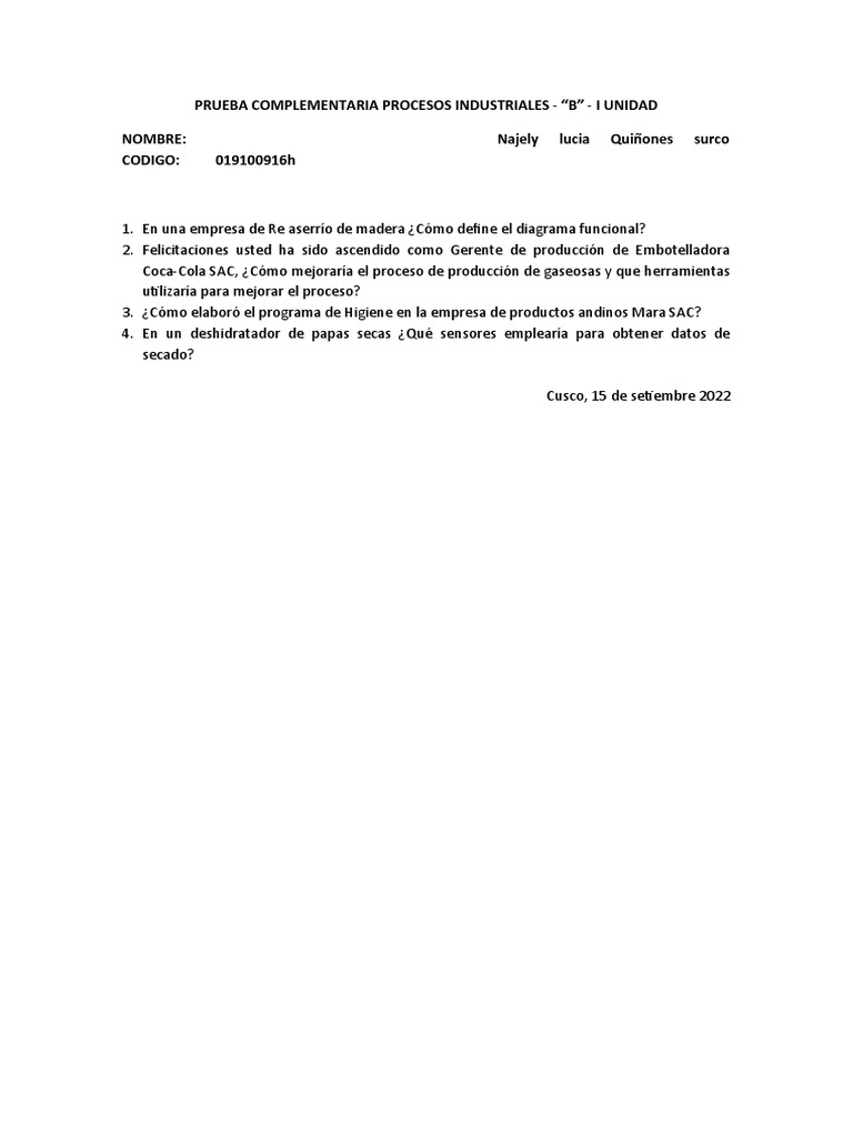 Prueba Complementaria 2022 - II - U1 - B | PDF