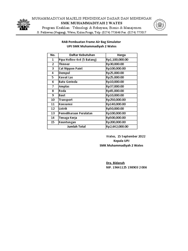 RAB Frame Air Bag Simulator SMK Muh 2 Wates | PDF
