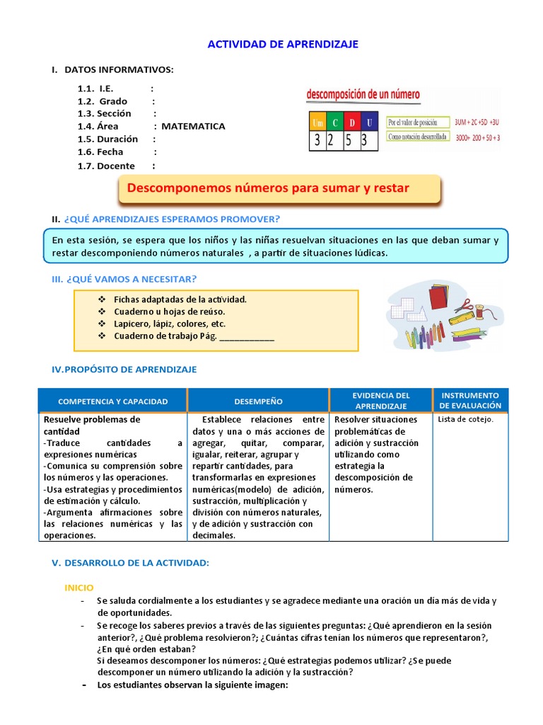 D2 A1 SESION MAT. Descomponemos Números para Sumar y Restar | PDF D2 A1 SESION MAT. Descomponemos Números para Sumar y Restar | PDF
