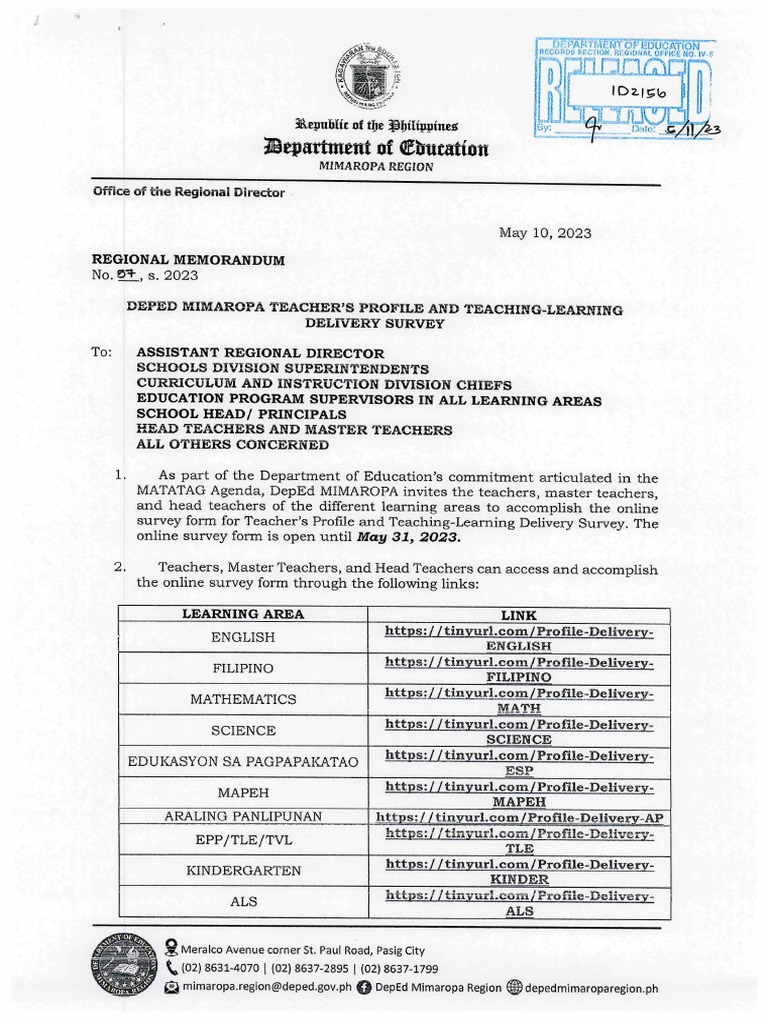 Regional Memorandum No. 57 S. 2023 DepEd MIMAROPA Teachers Profile and ...
