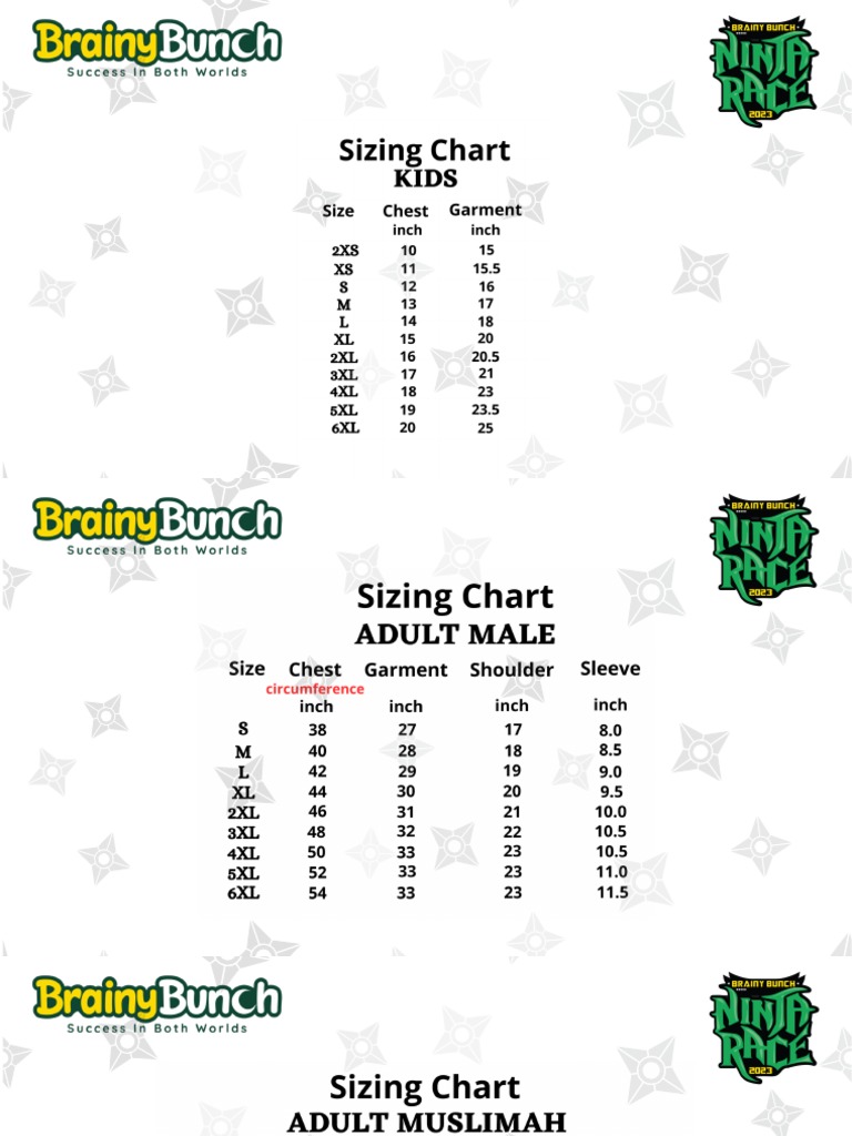 Sports Day 2023 Ninja Race Sizing Chart | PDF