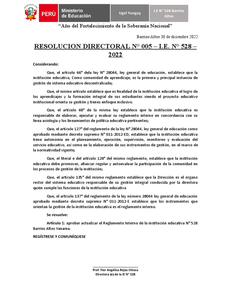 Resolucion Directoral de Aprobacion de Reglamento Interno | PDF