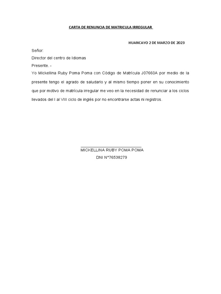 Carta de Renuncia de Matricula Irregular | PDF