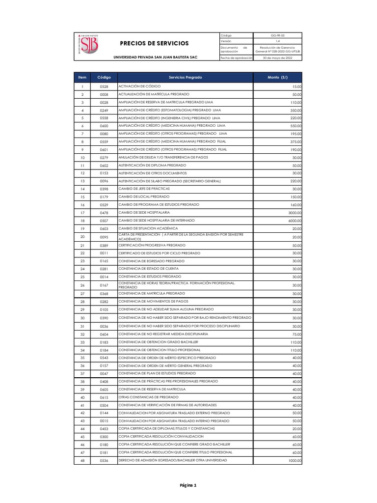 Precios de Servicios Versión-1.4 | PDF | Medicina | Cuidado de la salud
