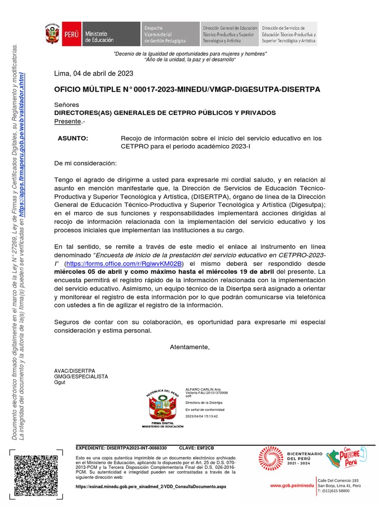 Oficio - Multiple 00017 2023 Minedu VMGP Digesutpa Disertpa | PDF