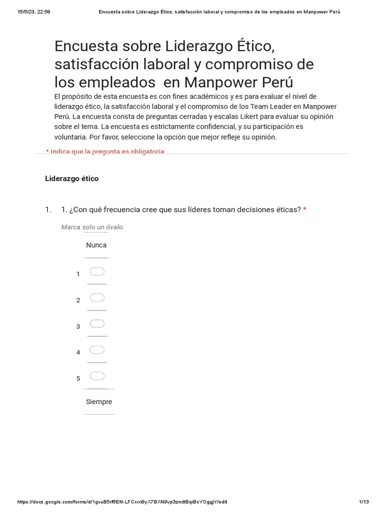 Encuesta Sobre Liderazgo Ético, Satisfacción Laboral y Compromiso de Los Empleados en Manpower ...