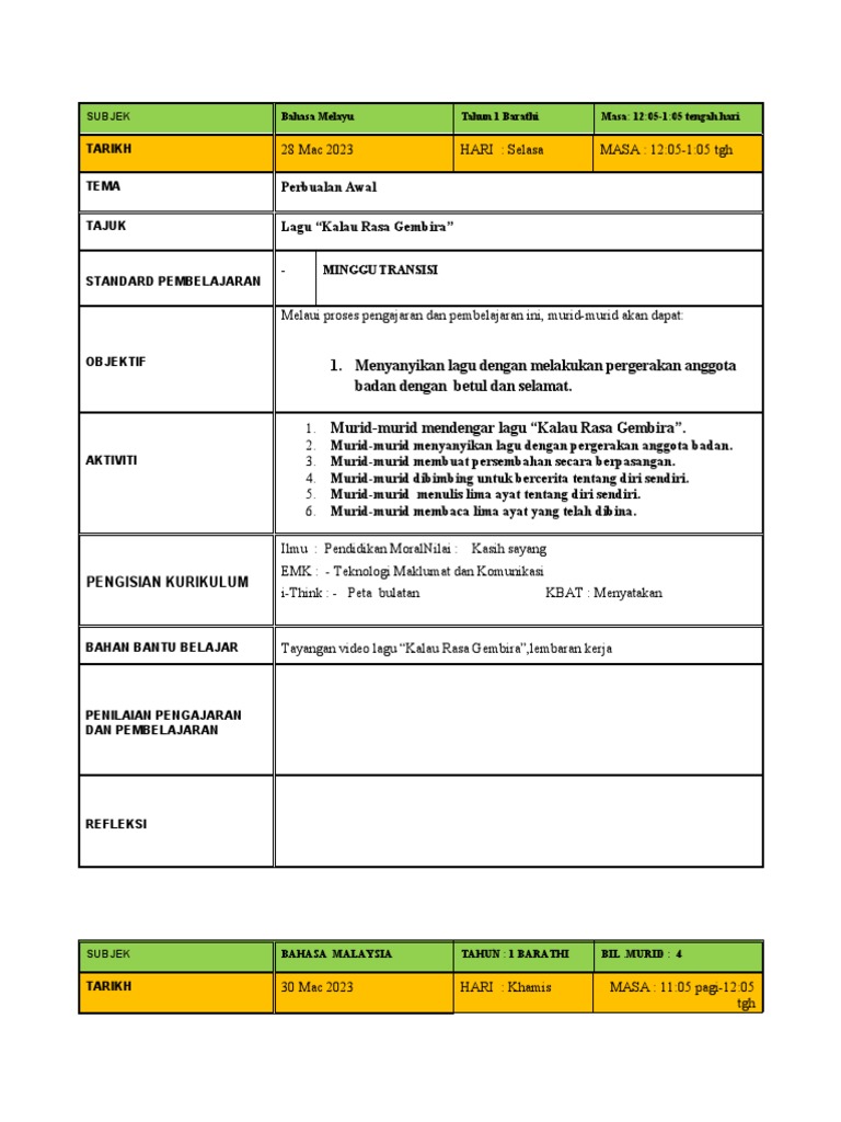 RPH BM Tahun 1 2022 | PDF