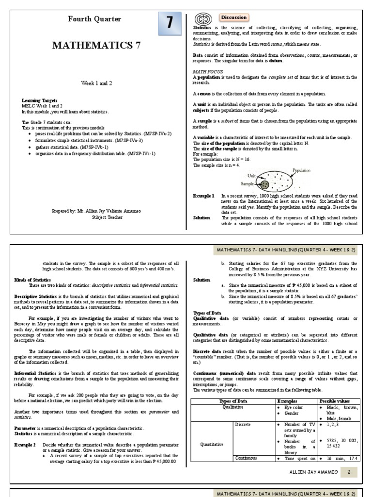 Q4 Week 1 and 2 Math 7 | PDF | Level Of Measurement | Statistics